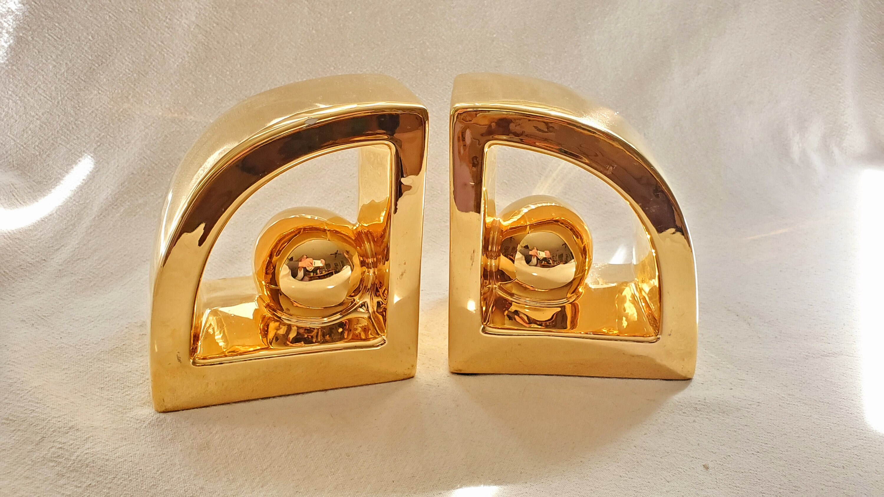 Jaru Gold Sphere Bookends Ceramic Art Pottery Large Bookends | Etsy