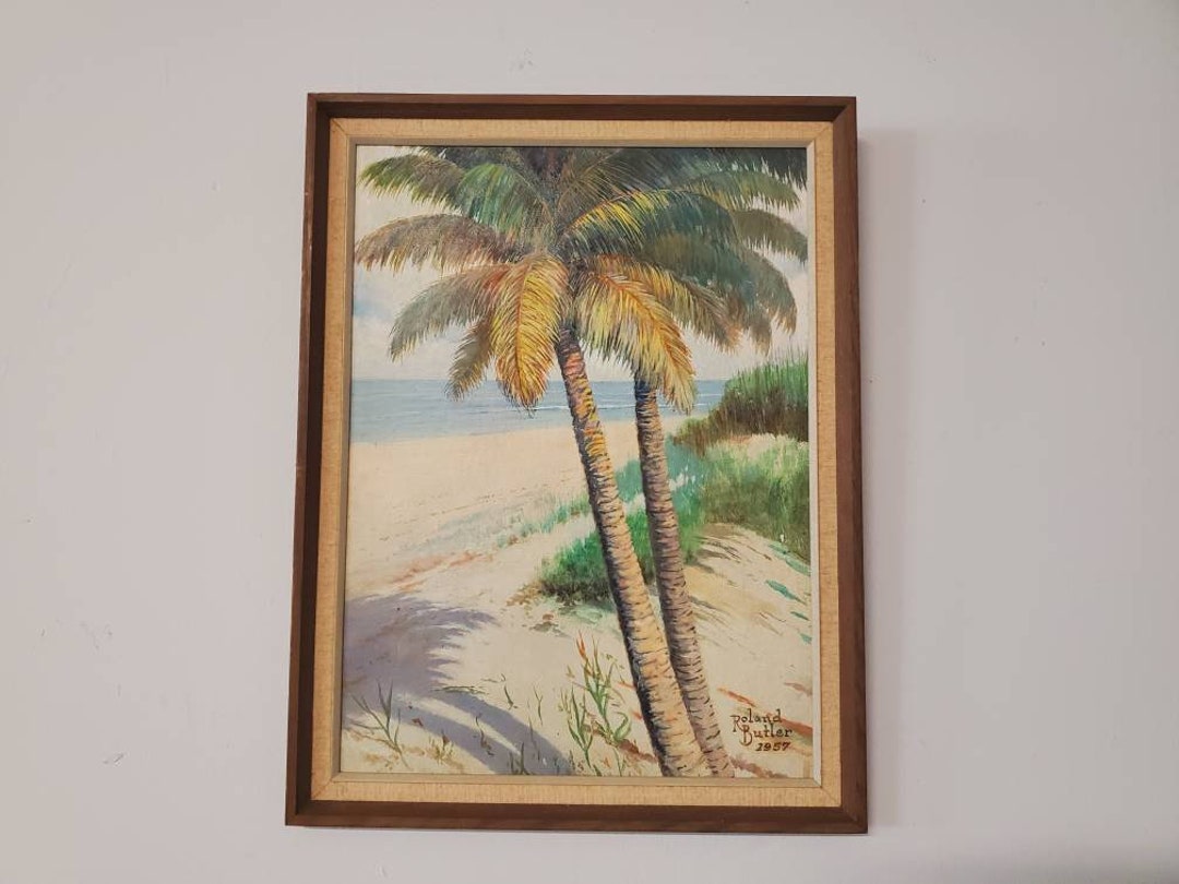 Signed Roland Butler Palm Tree Beach Painting Original Art 1957 Framed ...