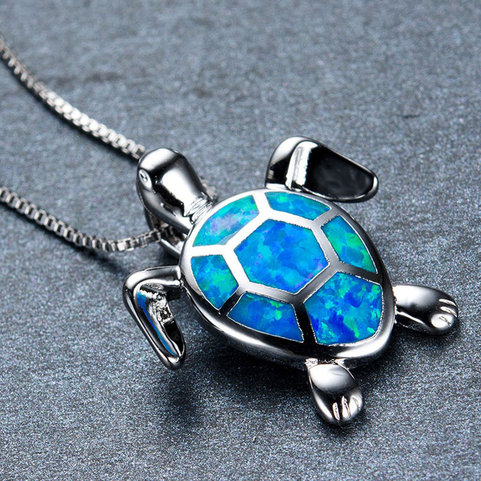 Blue Fire Opal Turtle Pendant Necklace . Box Chain. | Etsy