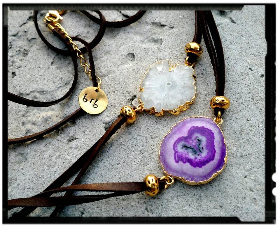Agate-quartz Slice Wrap • Choose Your Stone• Purple or Grey -leather ...