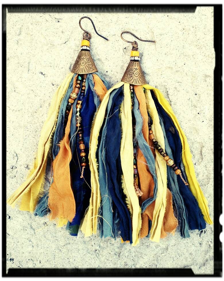 Sari Silk Tassel Earrings Boho//Gypsy Recycled Silk Earrings | Etsy
