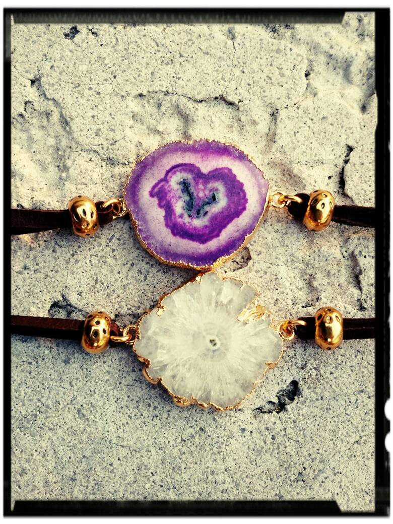 Agate-quartz Slice Wrap • Choose Your Stone• Purple or Grey -leather ...