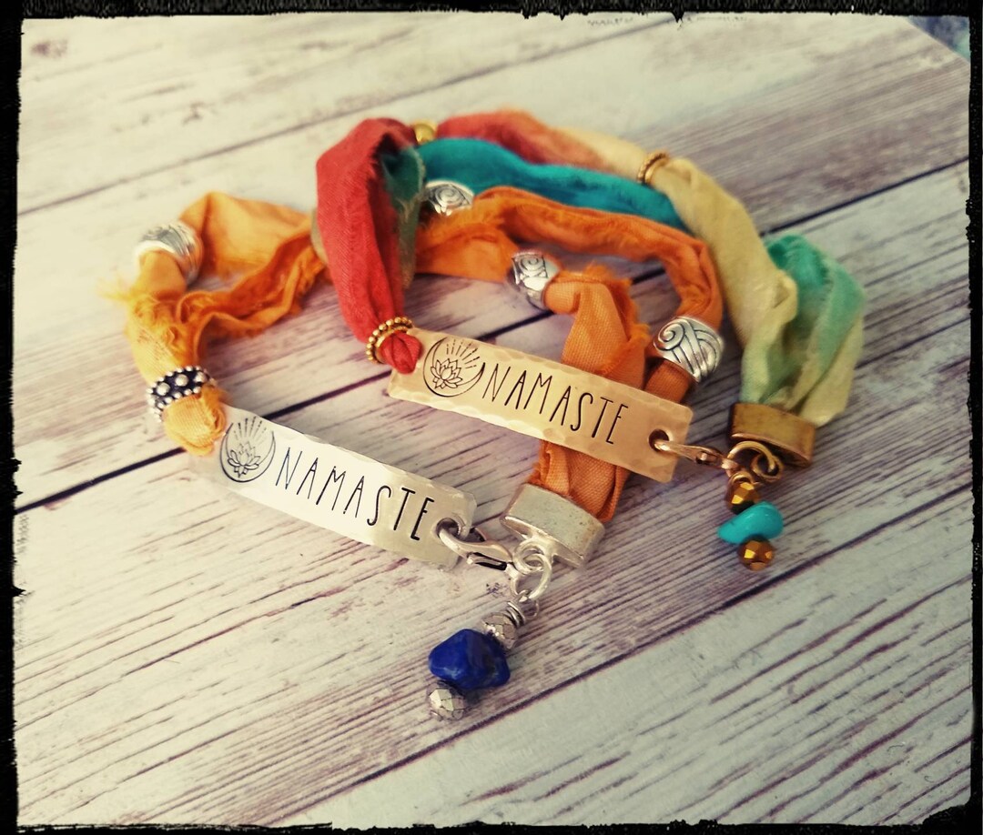 Namaste Sari Silk Bracelet Hand Stamped Pewter or Nugold Natural ...