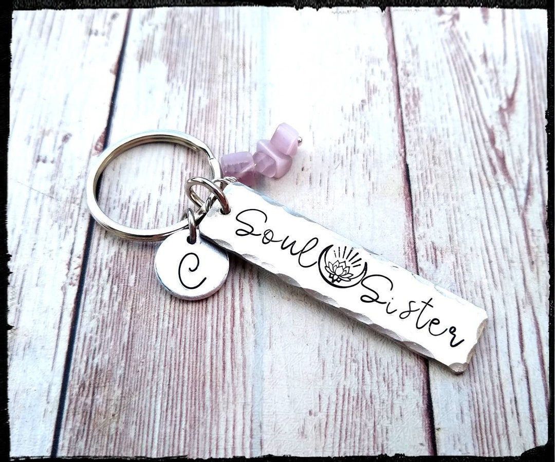 Soul Sister • Stamped Keychain | Initial Charm | Natural Birthsone Chip ...