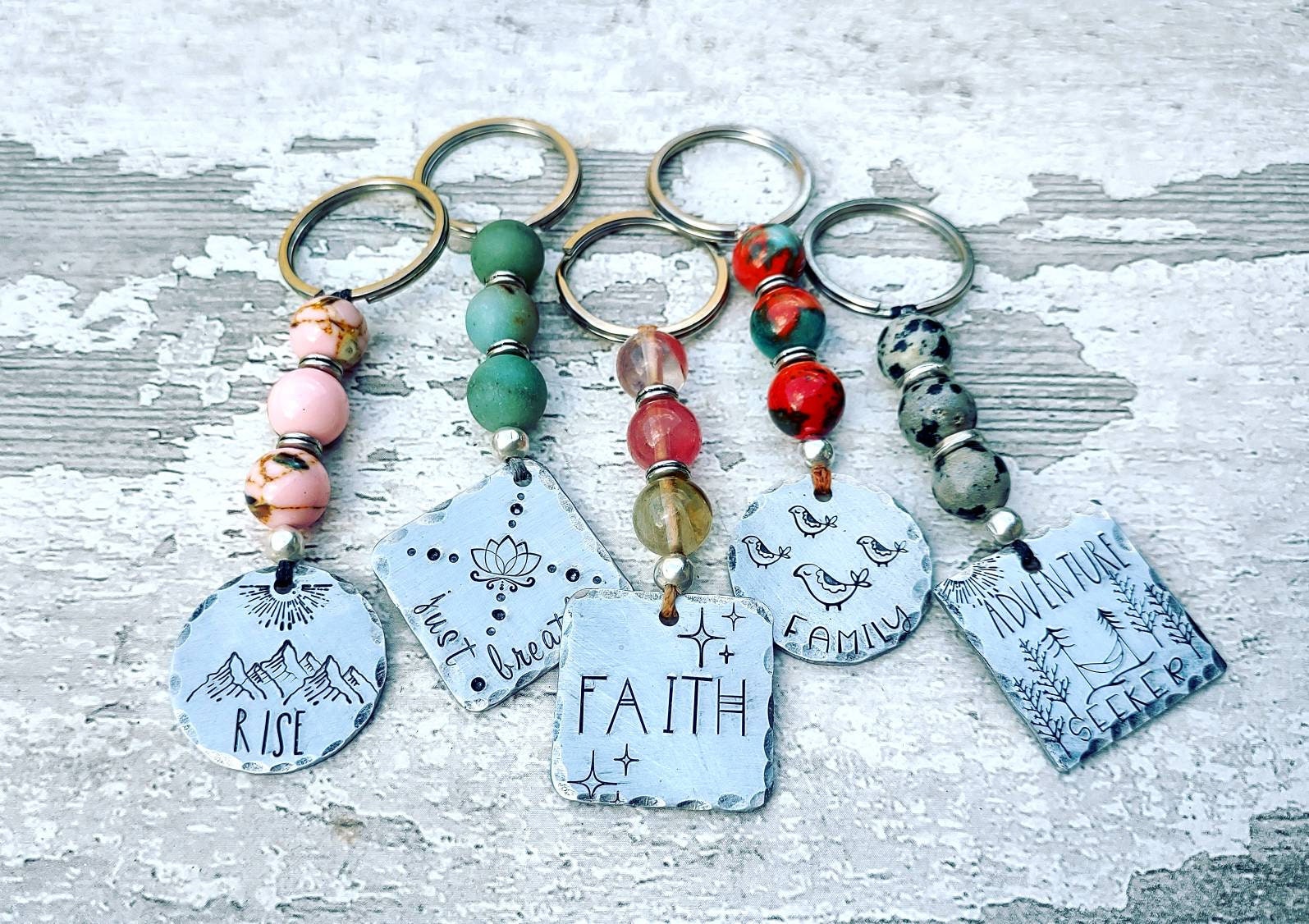 Beaded Charm Keychain | Hand Stamped Custom Aluminum Keychain | Natural ...