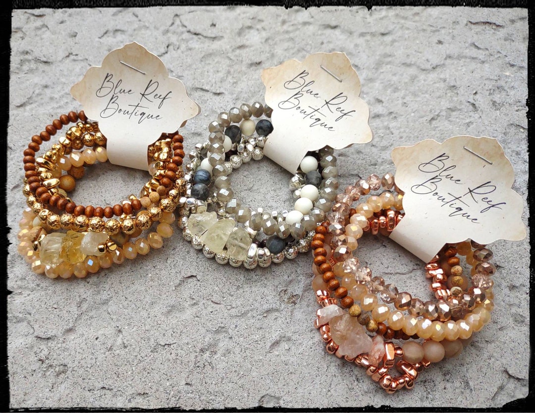 Bohemian Stack II • Set of 5 Beaded Stretch Bracelets • Natural Stone ...