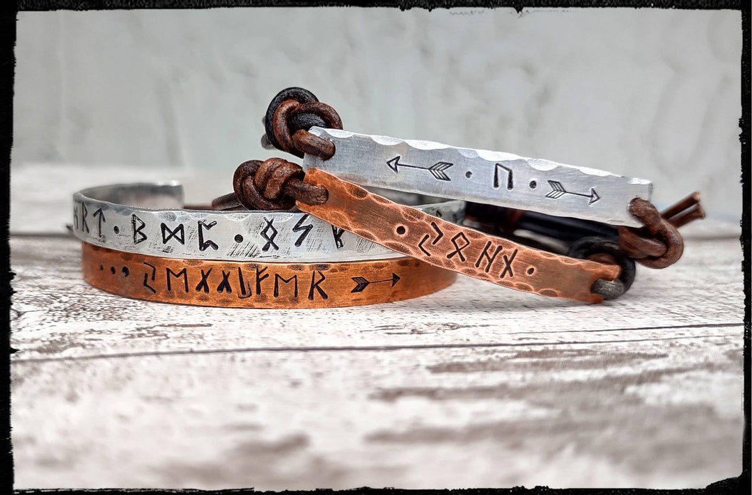 Runes & Leather or Rune Cuff Hand Stamped Custom Rune Bracelet Create ...