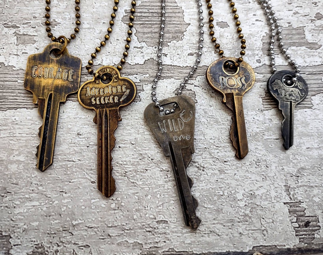 Oxidized Vintage Key Necklace • Hand Stamped Word/phrase/date/design ...