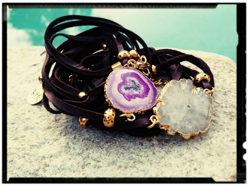 Agate-quartz Slice Wrap • Choose Your Stone• Purple or Grey -leather ...
