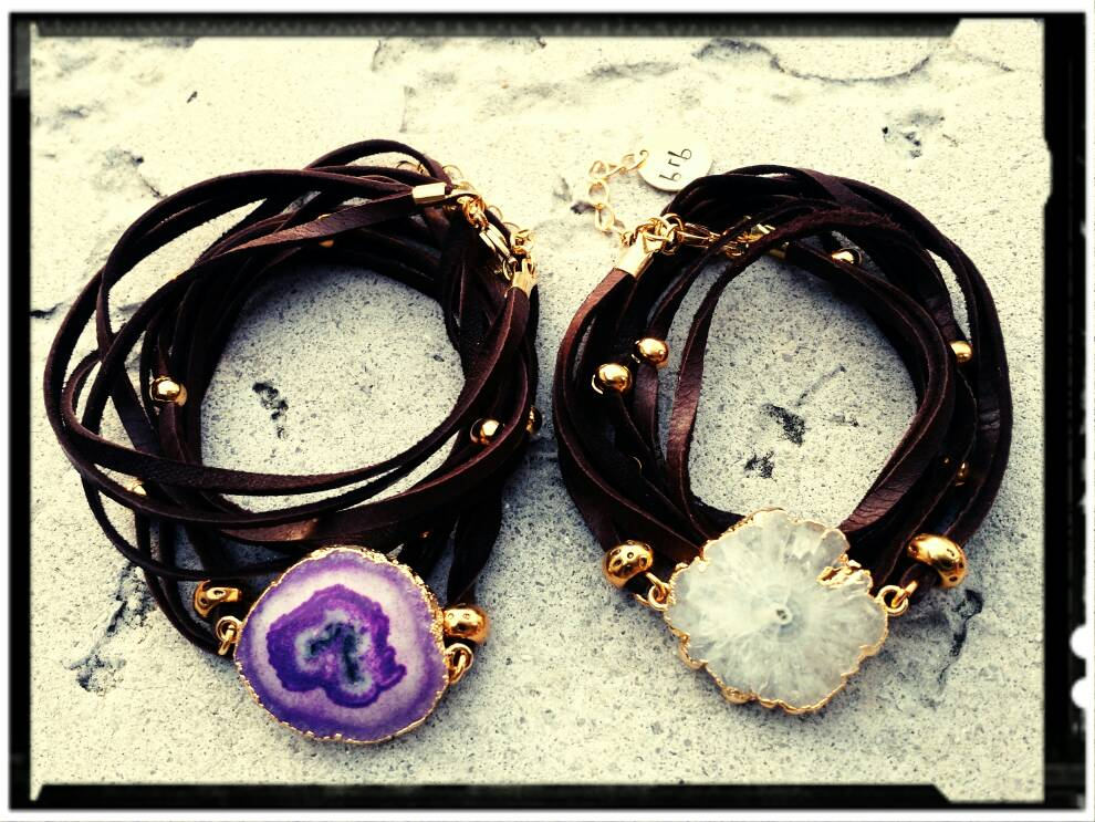 Agate-quartz Slice Wrap • Choose Your Stone• Purple or Grey -leather ...