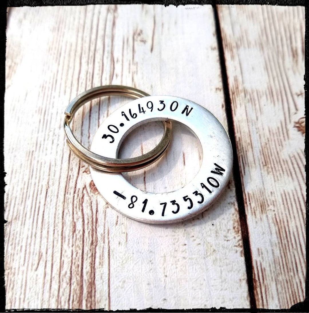 Coordinates Keychain • Hand Stamped Lat/long | GPS | Aluminum Ring ...
