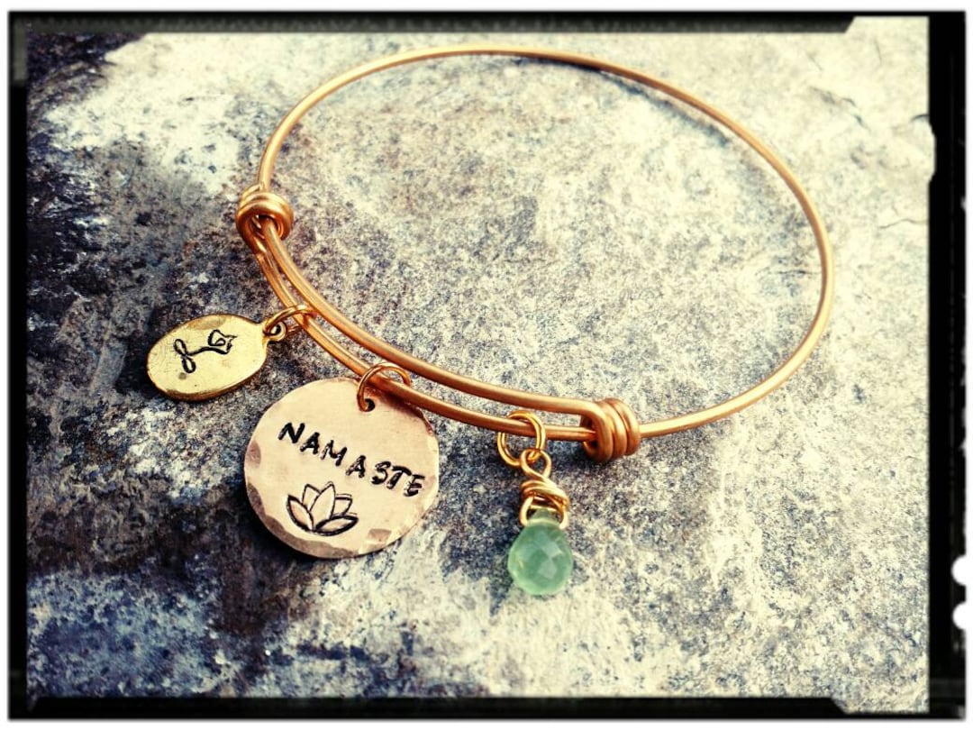 Namaste • Charm Bangle in Golden Stainless Steel | Hand Stamped Charm ...