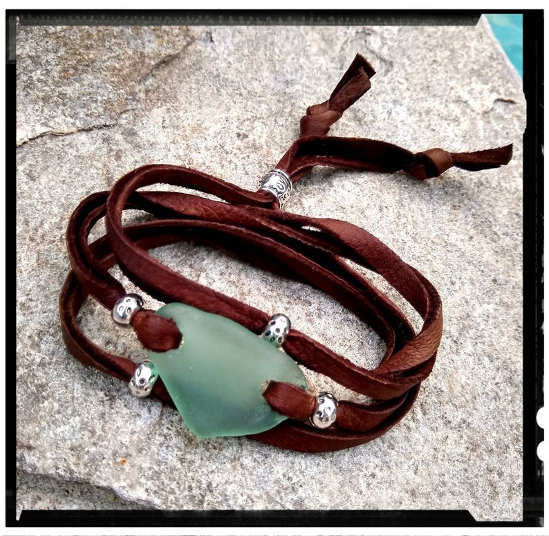 Sea Glass Wrap Deerskin Leather Bracelet Seafoam Aqua Etsy