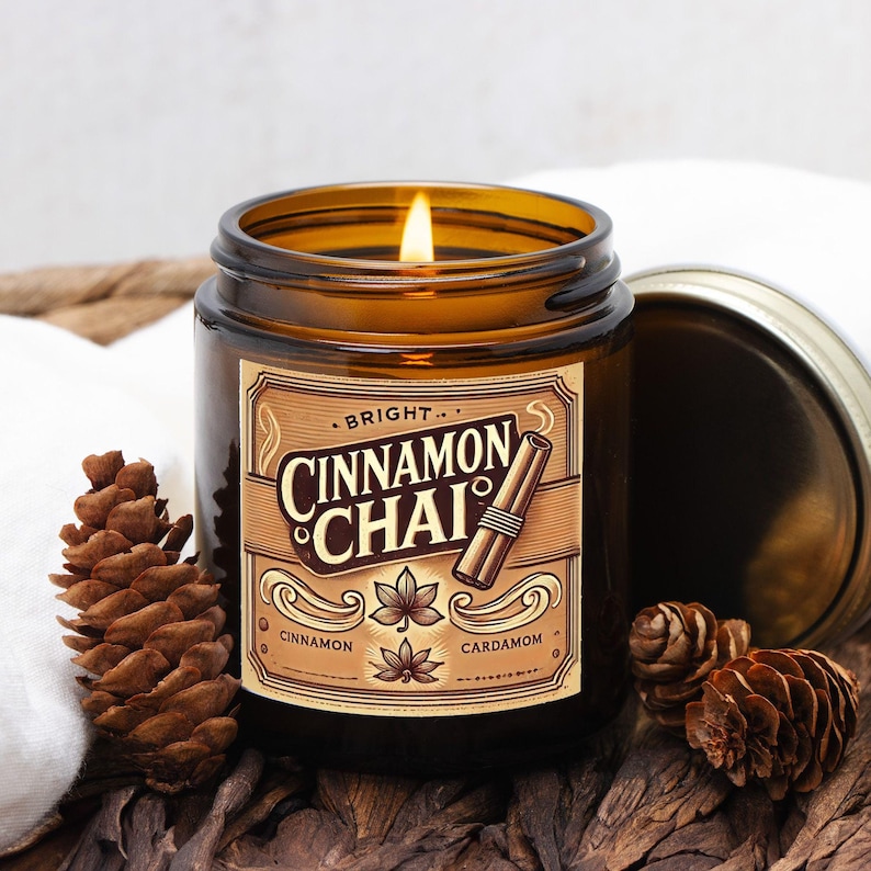 Cinnamon Chai Candle Cozy Fall Scented Candle Vintage Style Label Amber ...