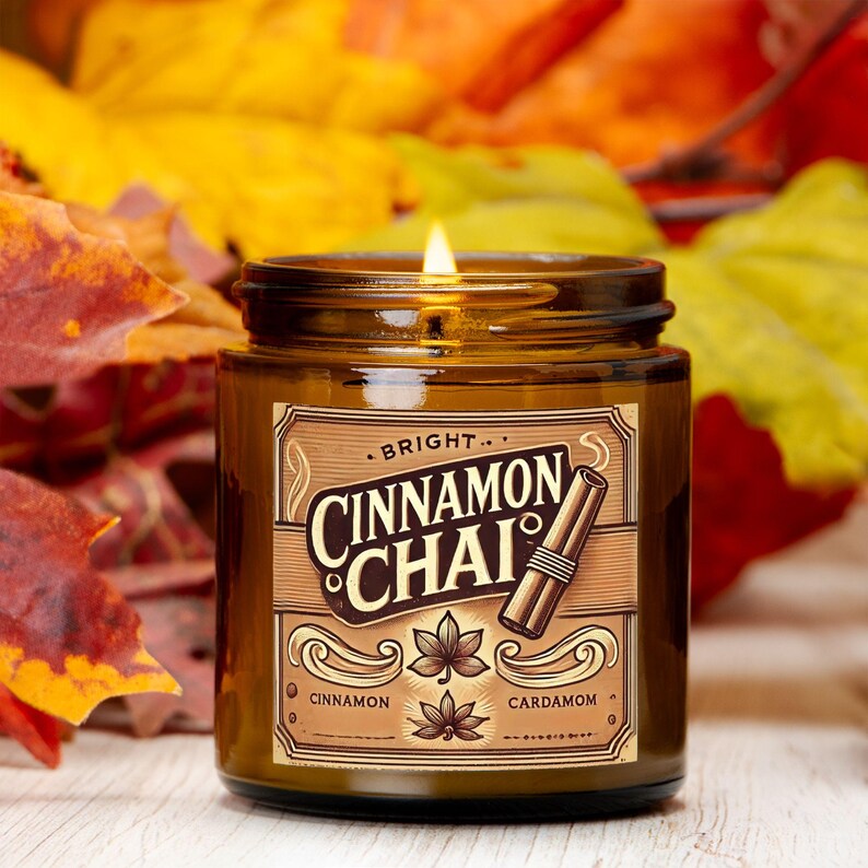 Cinnamon Chai Candle Cozy Fall Scented Candle Vintage Style Label Amber ...