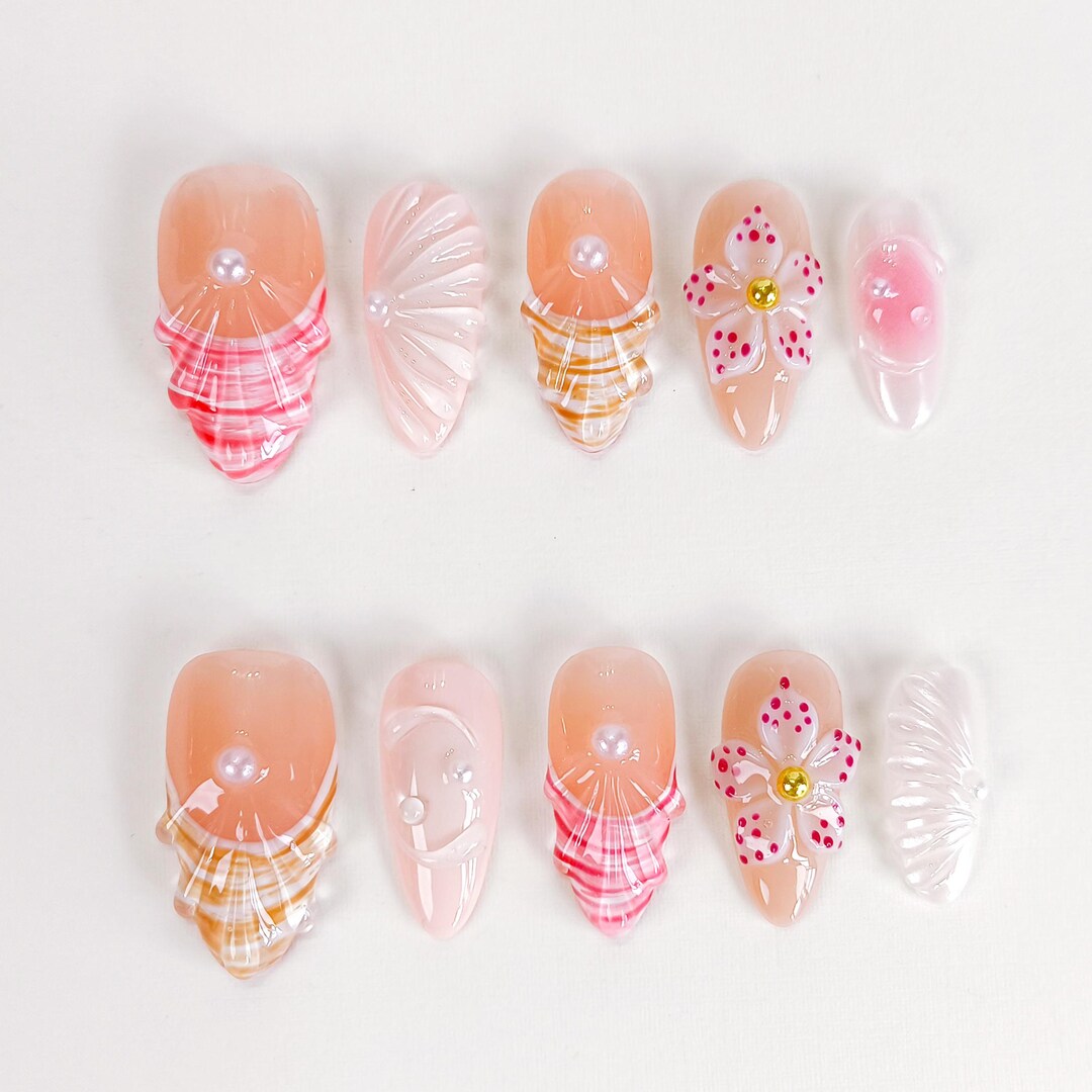 Pink Flower Seashell Press on Nails, Flower Press on Nails, Seashell ...