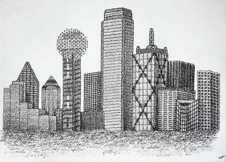 Dallas Hand Drawn Skyline Print - Etsy