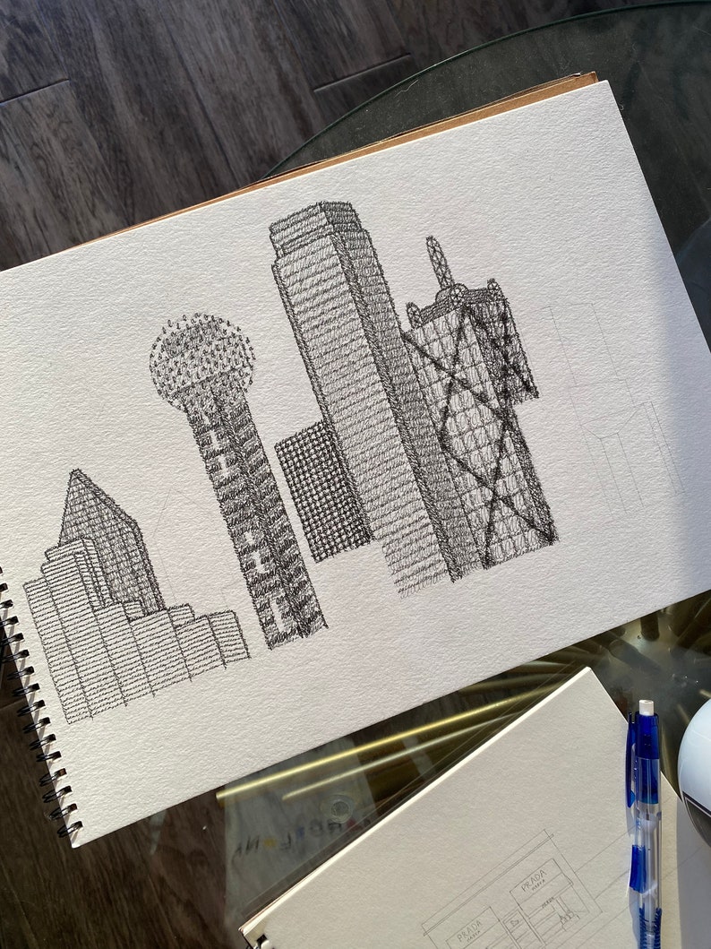 Dallas Hand Drawn Skyline Print - Etsy
