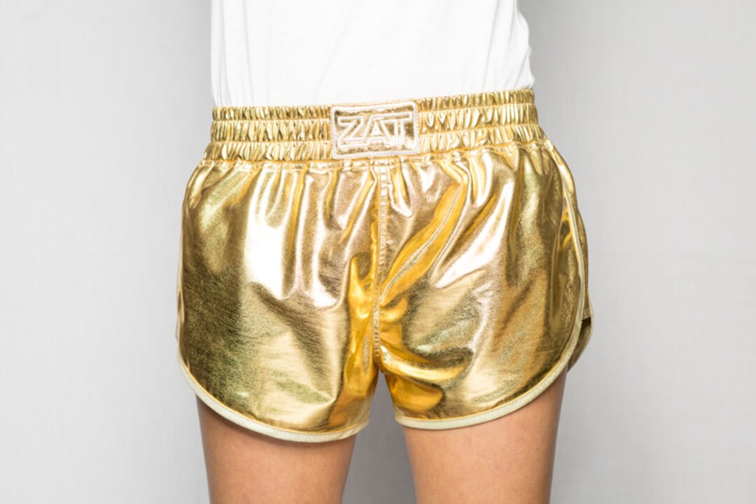 Golden Boxing Shorts Lamé Coated Jersey Fabric Elastic Waistband Bias ...