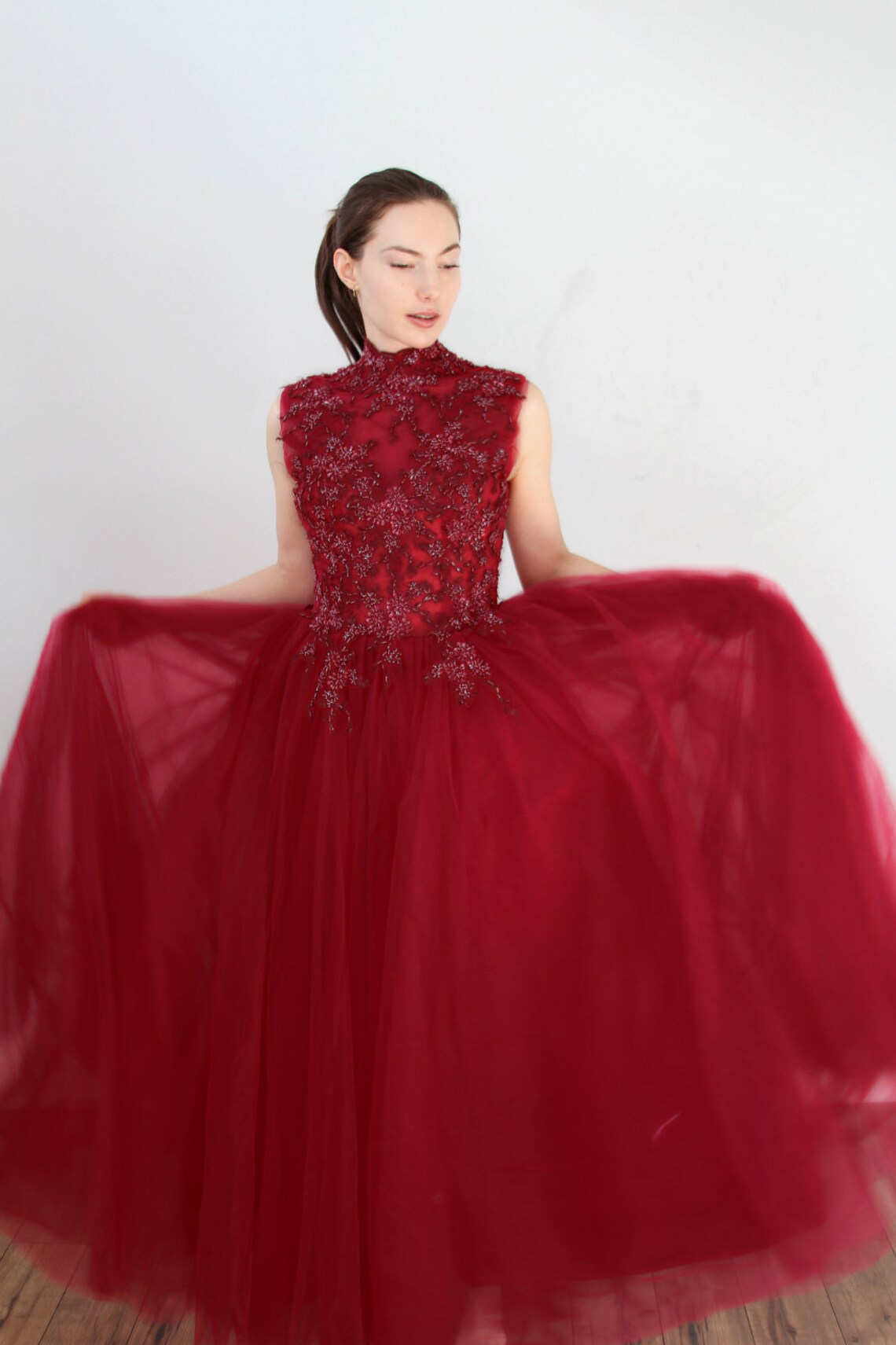 Dark Red High Collar Beaded Lace Wedding Dress | Etsy