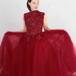 Dark Red High Collar Beaded Lace Wedding Dress - Etsy