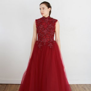 Dark Red High Collar Beaded Lace Wedding Dress - Etsy
