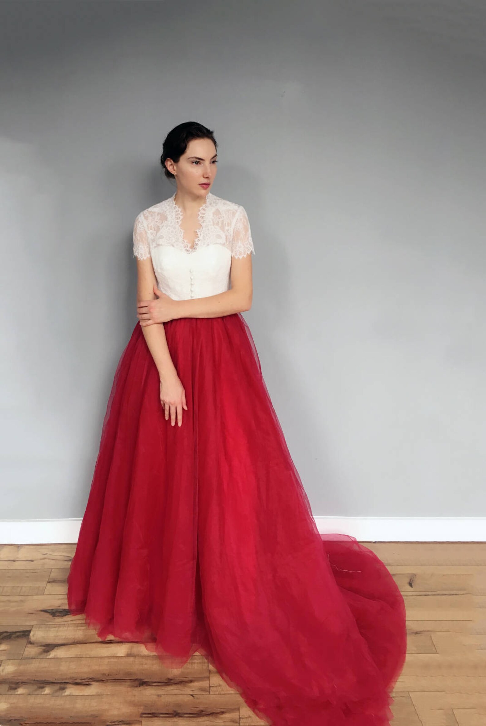 Ruby Red Lace Short Sleeve Wedding Dress | Etsy