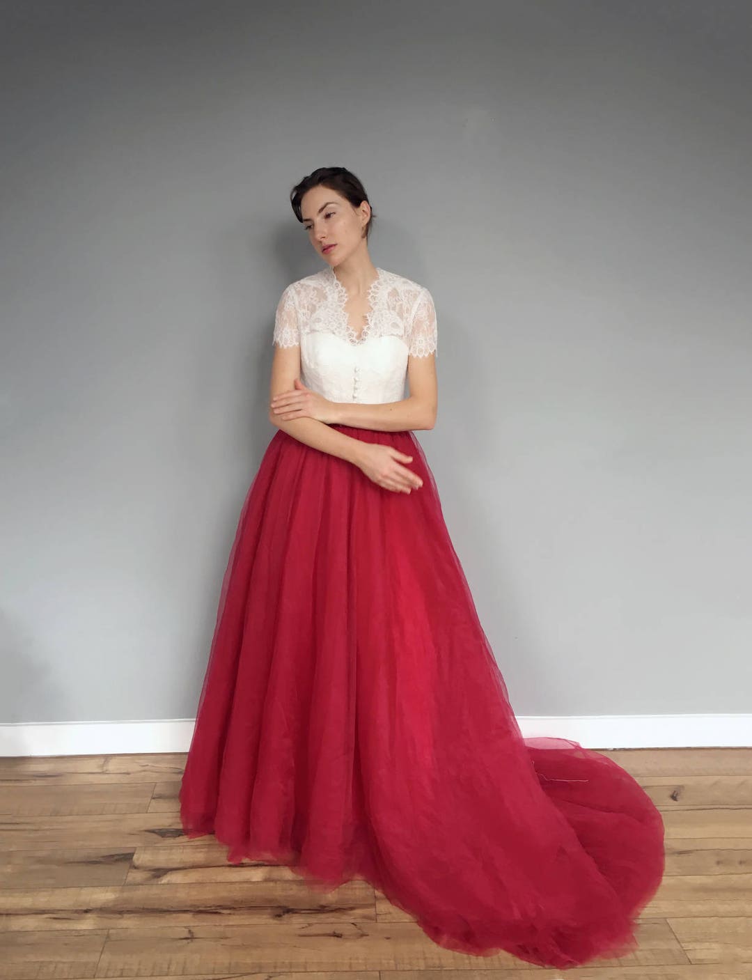 Ruby Red Lace Short Sleeve Wedding Dress - Etsy