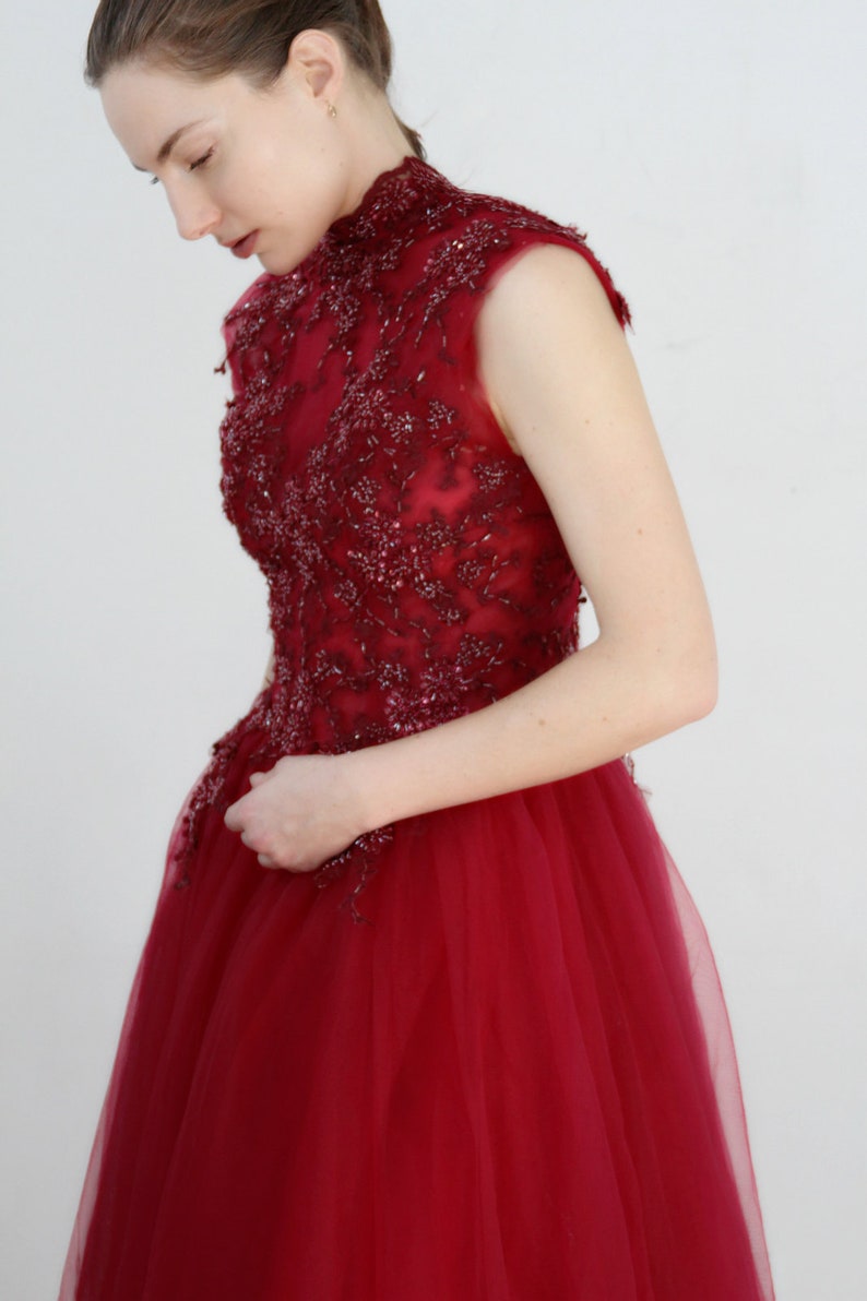 Dark Red High Collar Beaded Lace Wedding Dress | Etsy