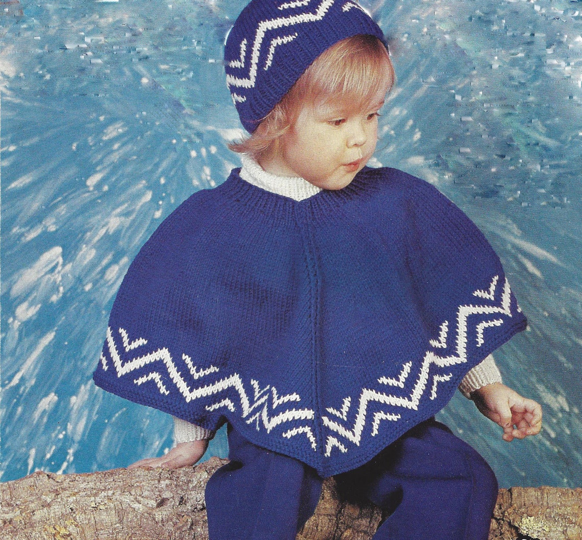 Instant PDF Digital Download Baby Childs Easy Knit Poncho Sweater Cap ...