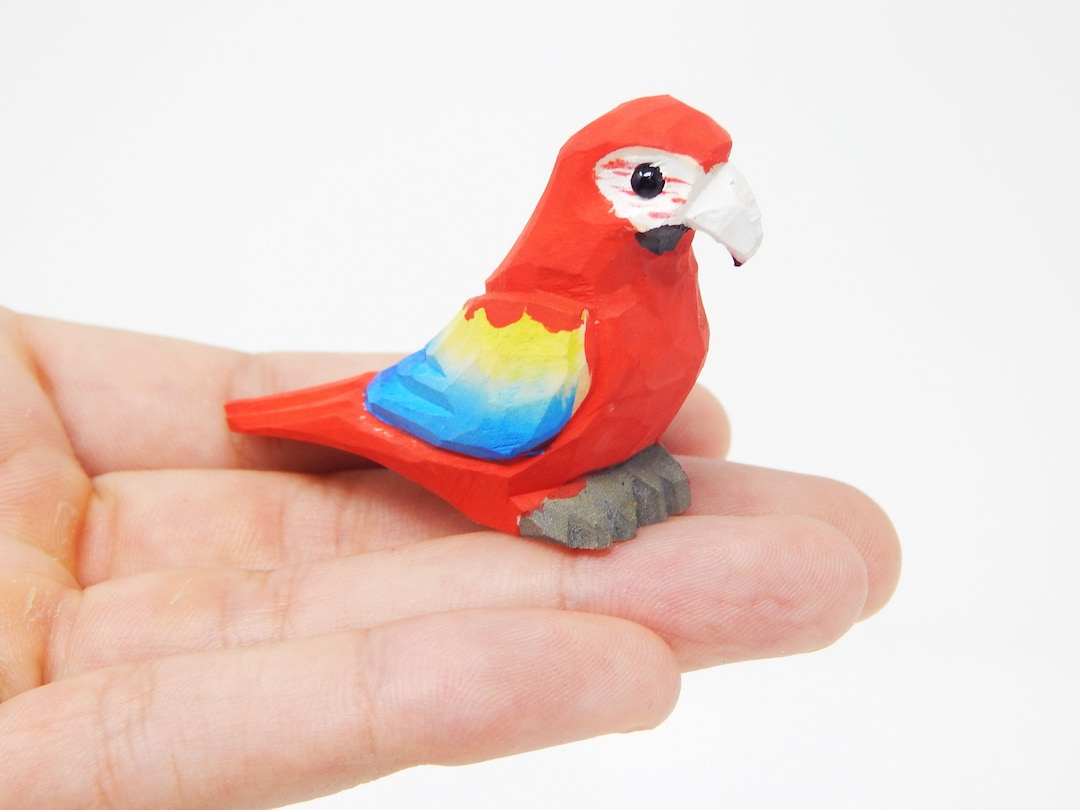 Handmade Scarlet Macaw Wooden Parrot Figurine: Miniature Tropical Bird ...