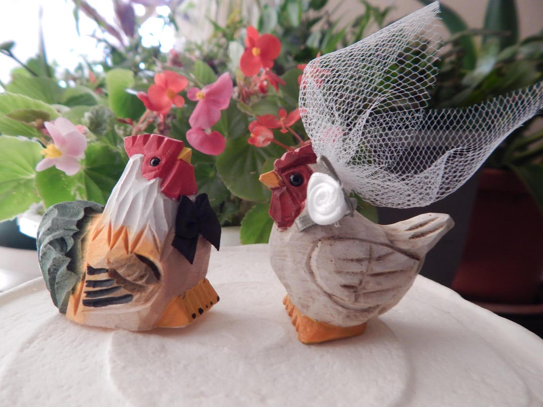 Chicken Wedding Cake Topper | Hand-carved Wooden Bride Groom Rustic ...
