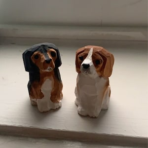 Handmade Beagle Dog Wood Figurine: Miniature Carved Pet Animal Statue ...