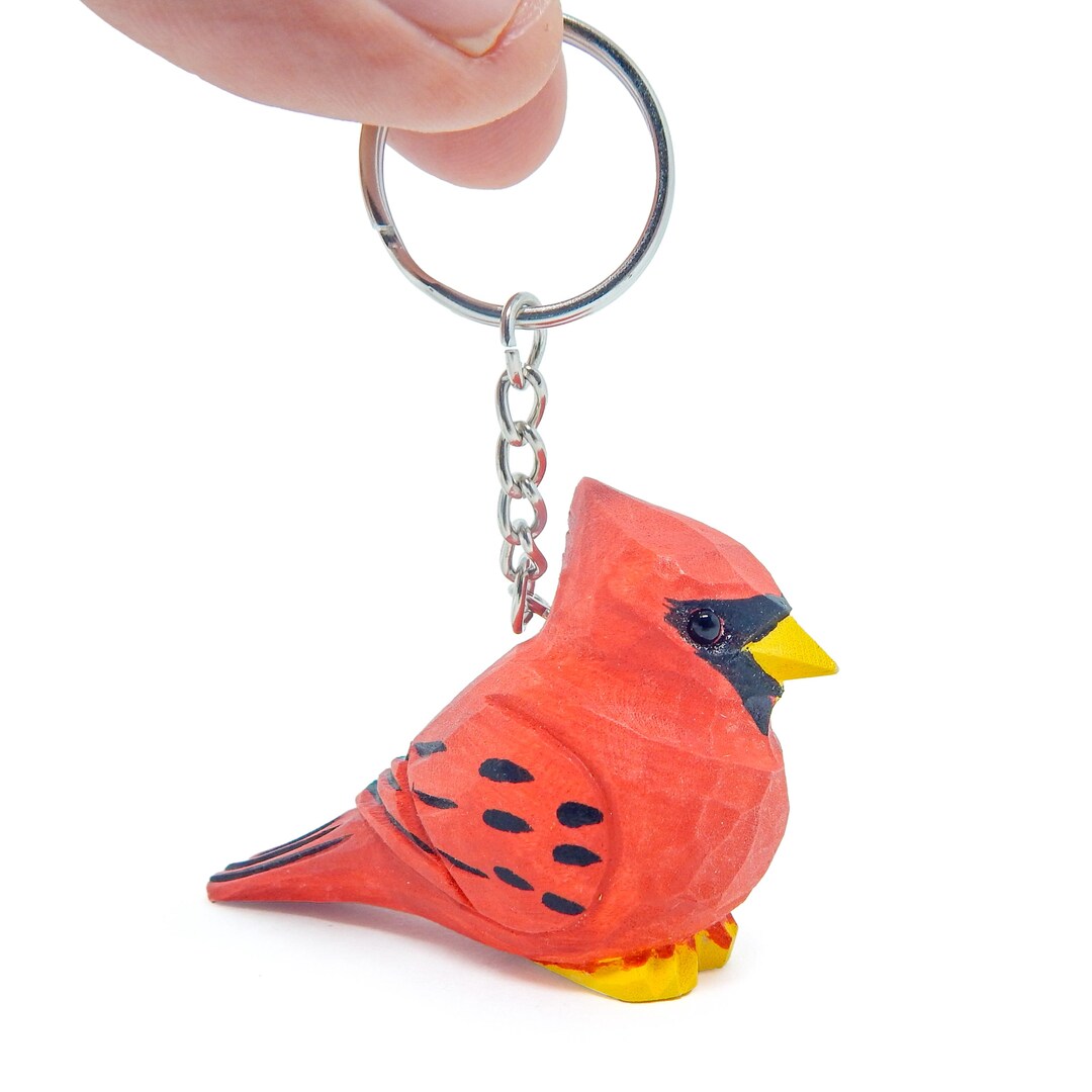 Cardinal Keychain Ring Clip Charm Red Bird Miniature Wood Mini Figurine ...
