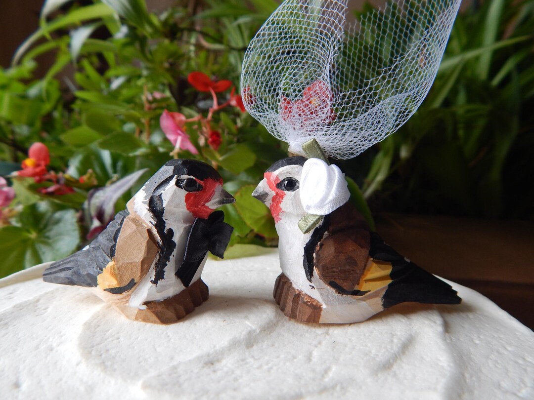 European Goldfinch Love Bird Cake Topper Bride & Groom Wedding Carved ...