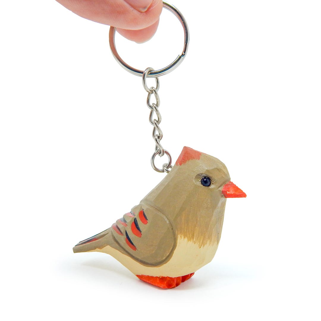Hand-carved Female Cardinal Keychain: Hook Clip Miniature Wooden Red ...