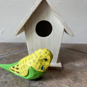 Yellow Parakeet Wooden Figurine | Hand Carved Budgie Bird Collectible ...