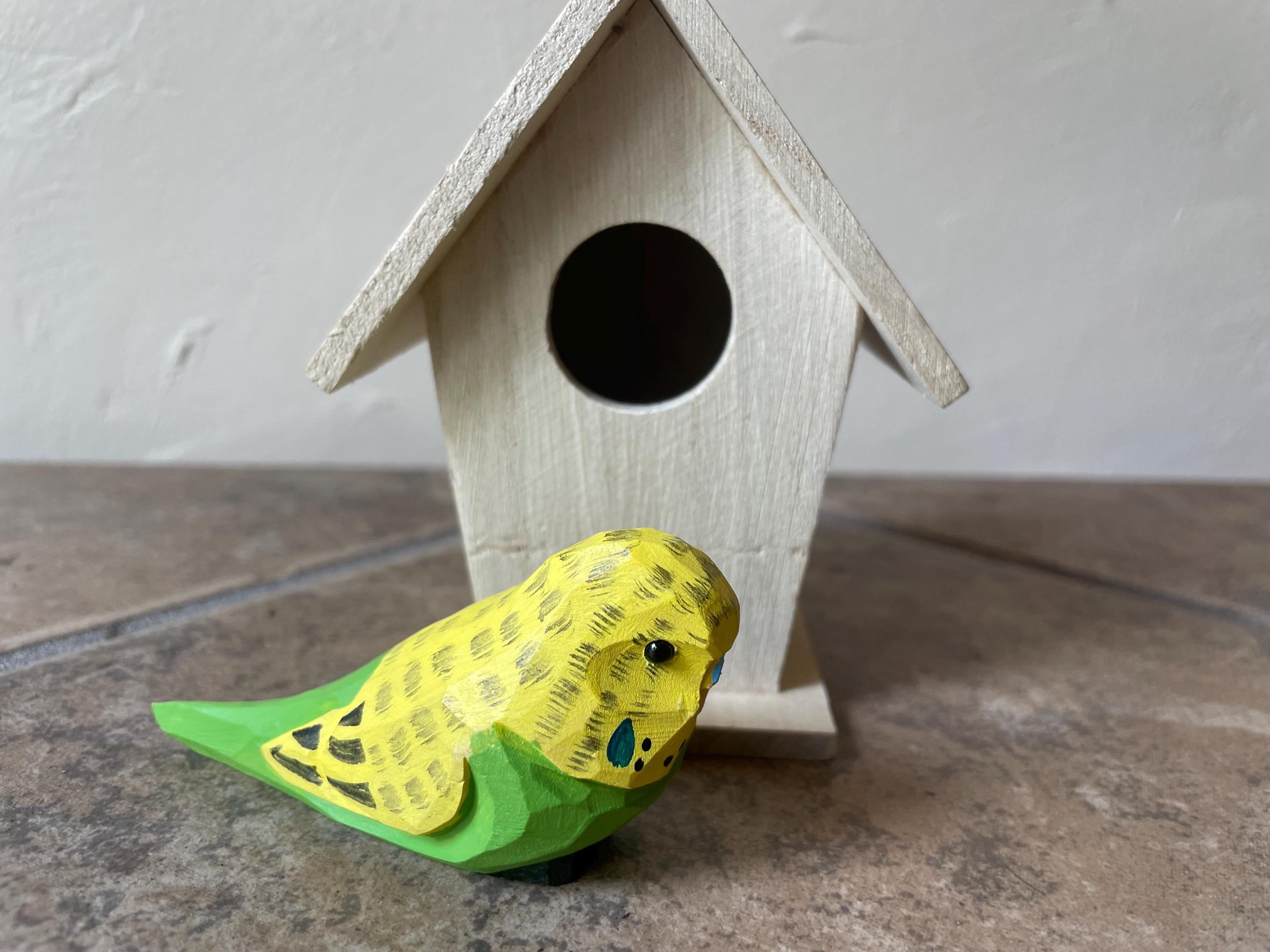 Hand-carved Yellow Wooden Parakeet Budgie Figurine: Miniature Parakeet ...