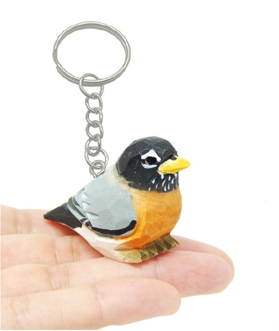 Robin Keychain Ring Clip Charm Bird Miniature Wood Songbird - Etsy
