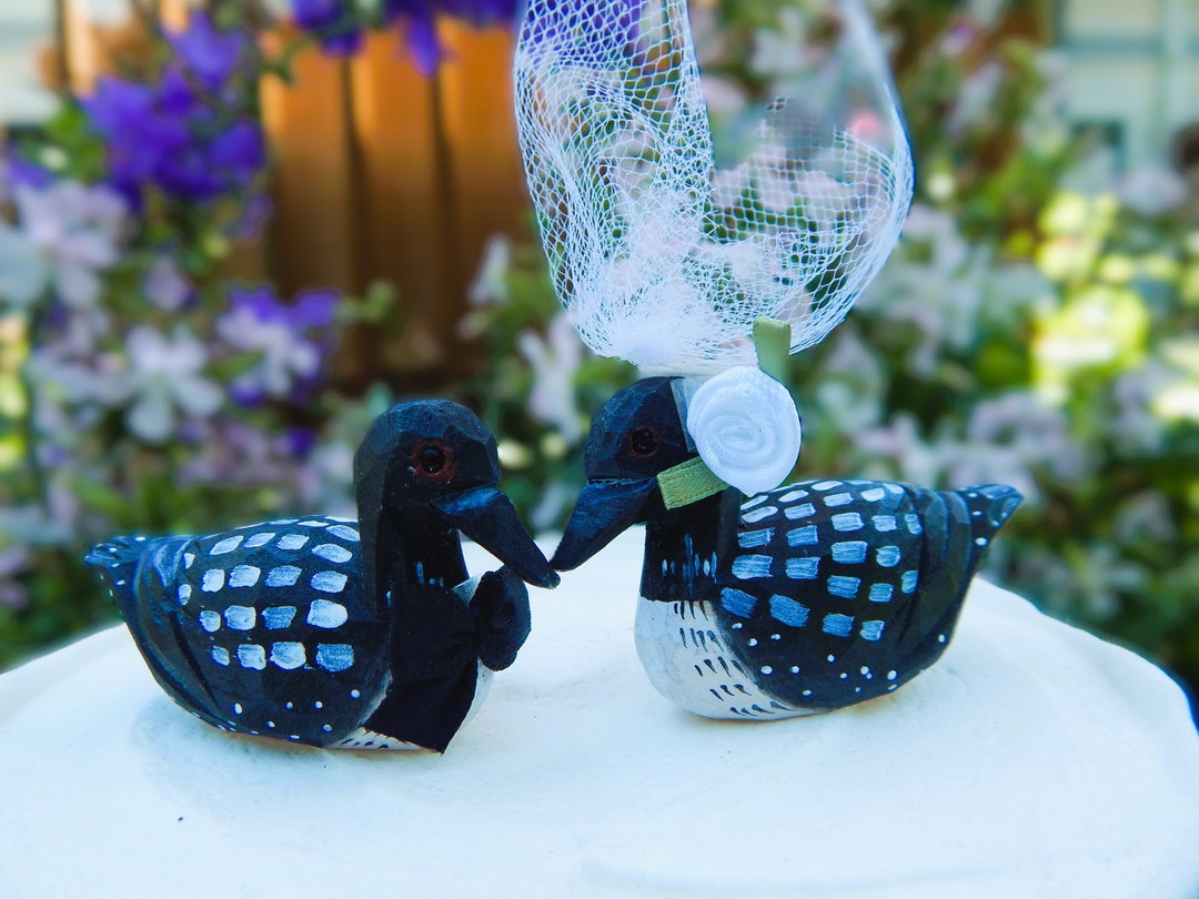 Hand-carved Wooden Loon Wedding Cake Topper Set: Miniature Love Birds ...