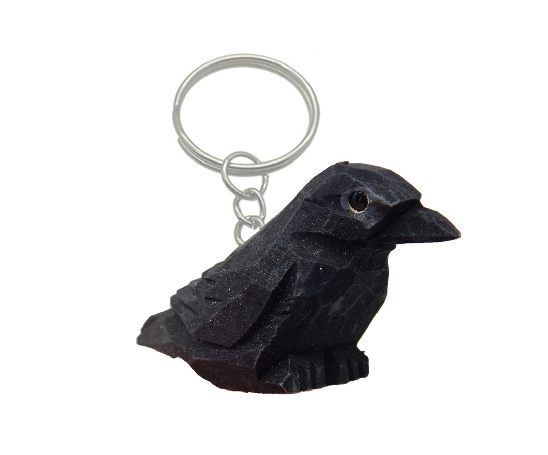 Hand-carved Black Raven Crow Keychain Ring: Hook Clip Miniature Bird ...