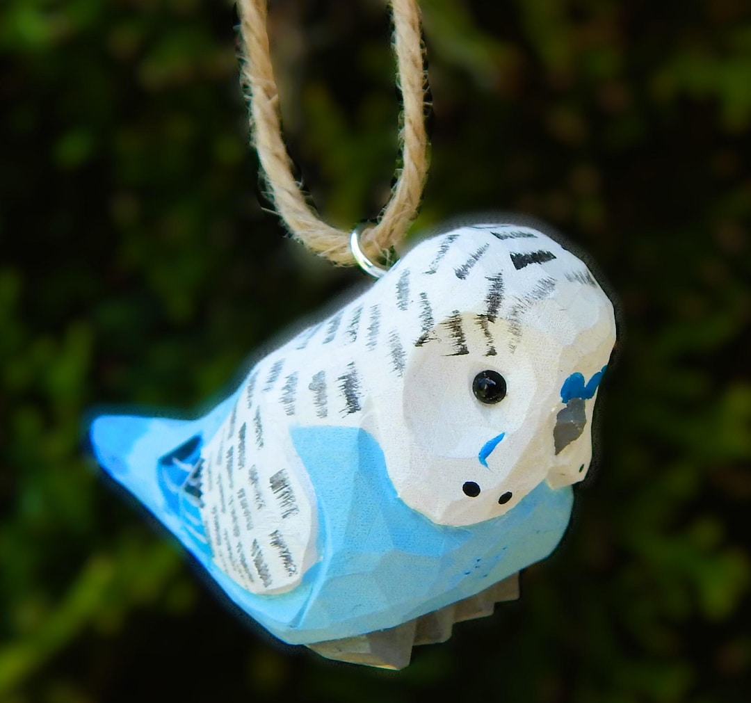 Parakeet Ornament Wood Budgie Bird Hanging Figurine Handmade Carved ...