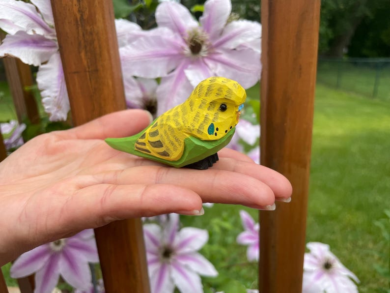 Hand-carved Yellow Wooden Parakeet Budgie Figurine: Miniature Parakeet ...