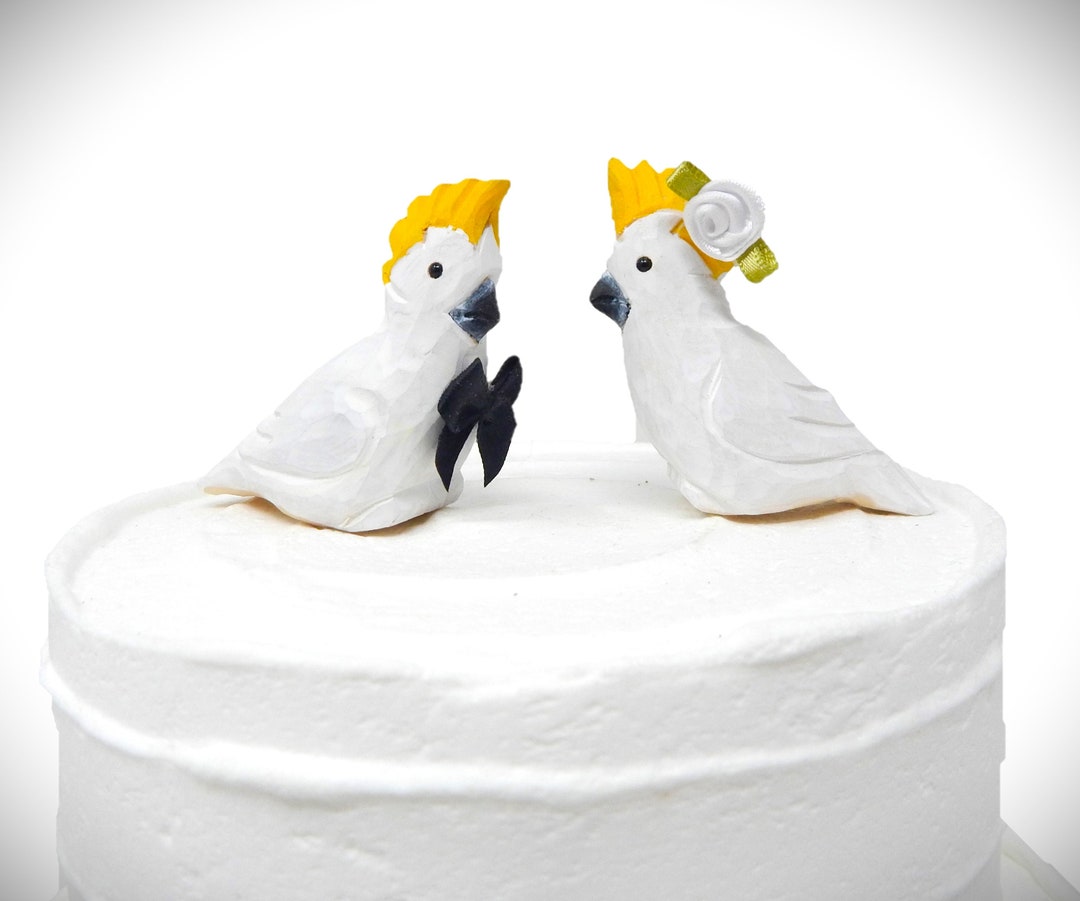 Cockatoo Wedding Cake Topper Love Bird Bride & Groom Engagement Anniversary Carved Wood Statue ...
