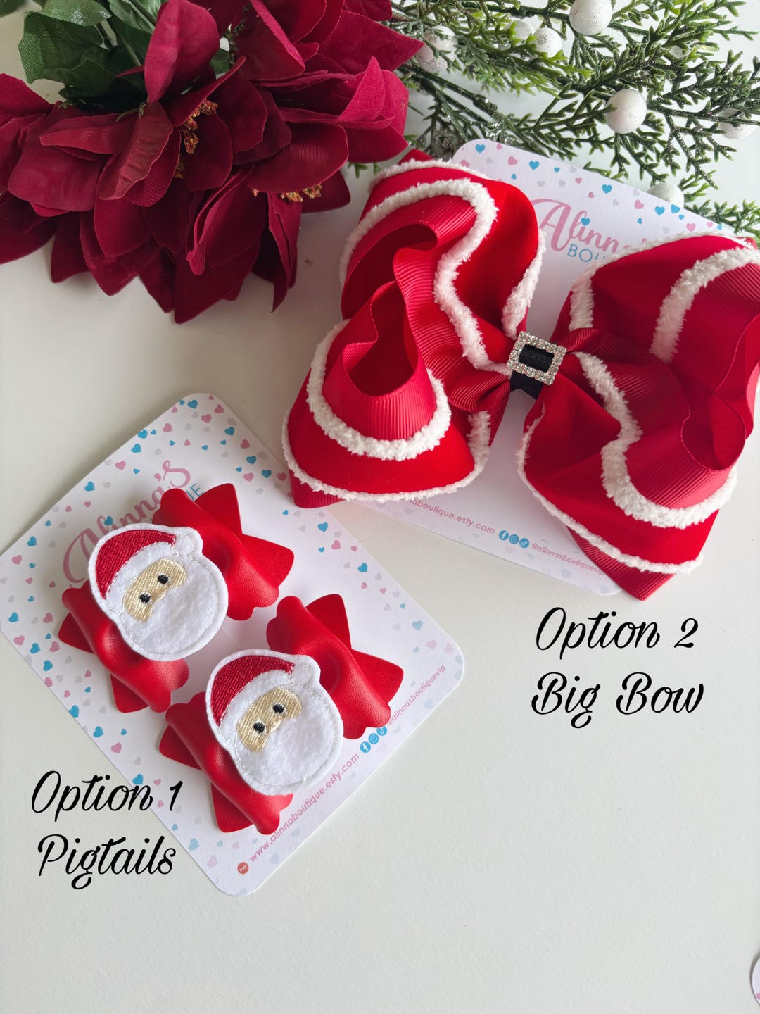 Santa Christmas Hair Bows, Faux Leather Pigtails With Feltie, Large Red ...
