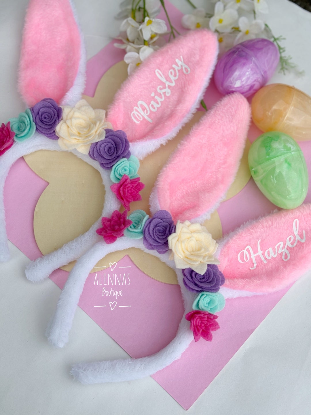 Personalized Name Bunny Ear Headband, Pink Bunny Easter Headband ...