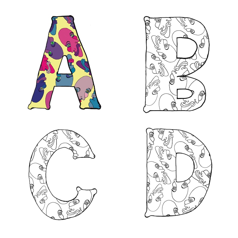Full Alphabet Coloring Sheets Featuring Surreal Faces. Print and Color ...