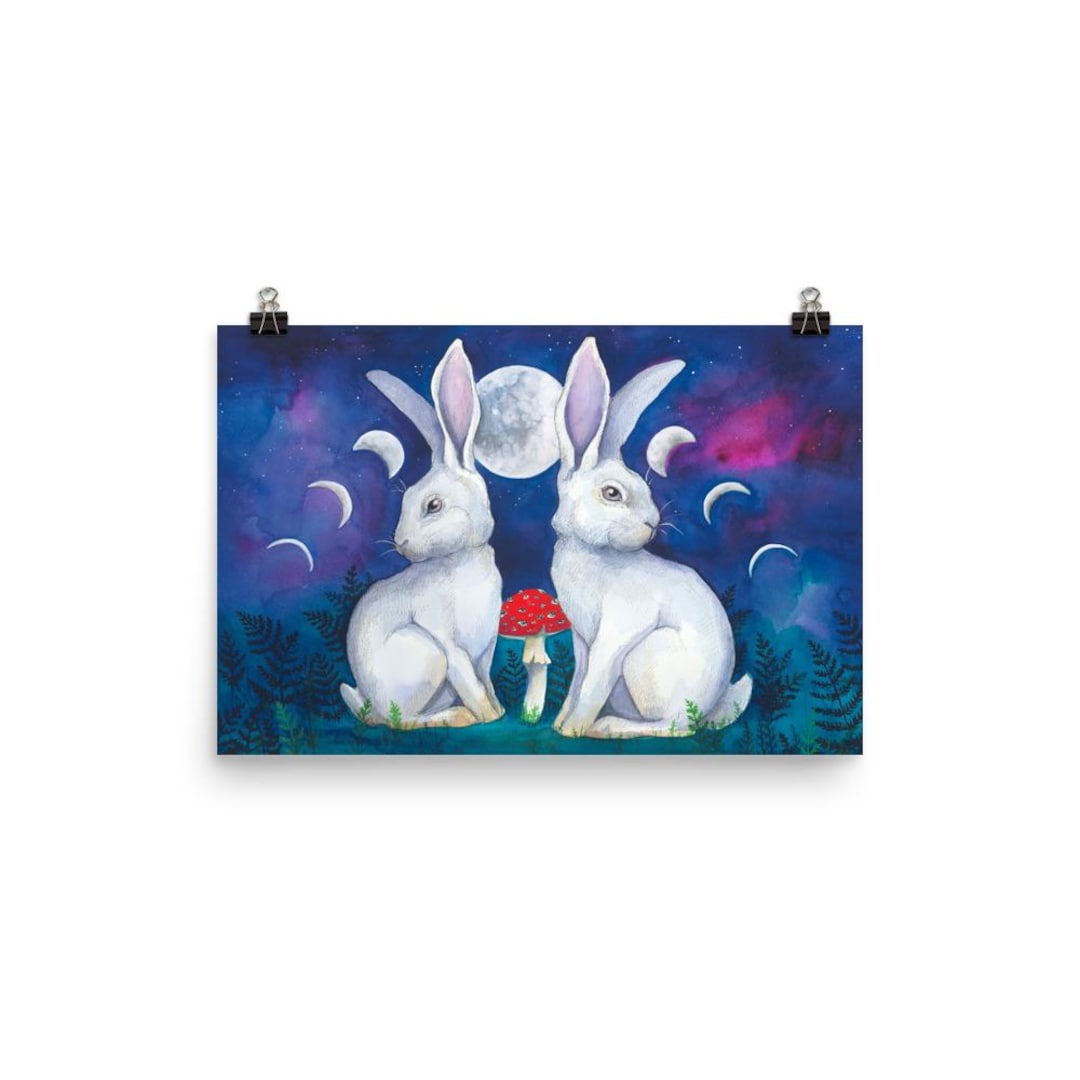 Moonlight Rabbits Watercolor Poster - Etsy