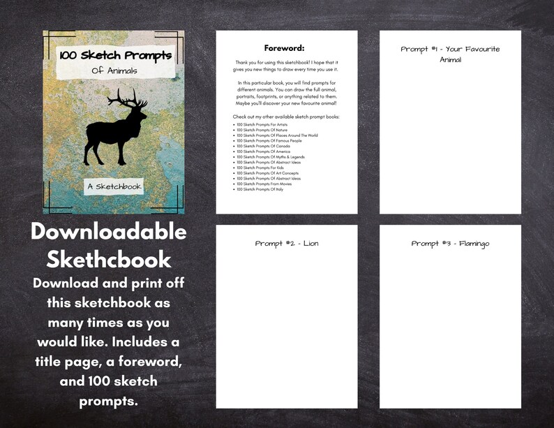 100 Sketch Prompts of Animals Printable PDF Sketchbook - Etsy Australia