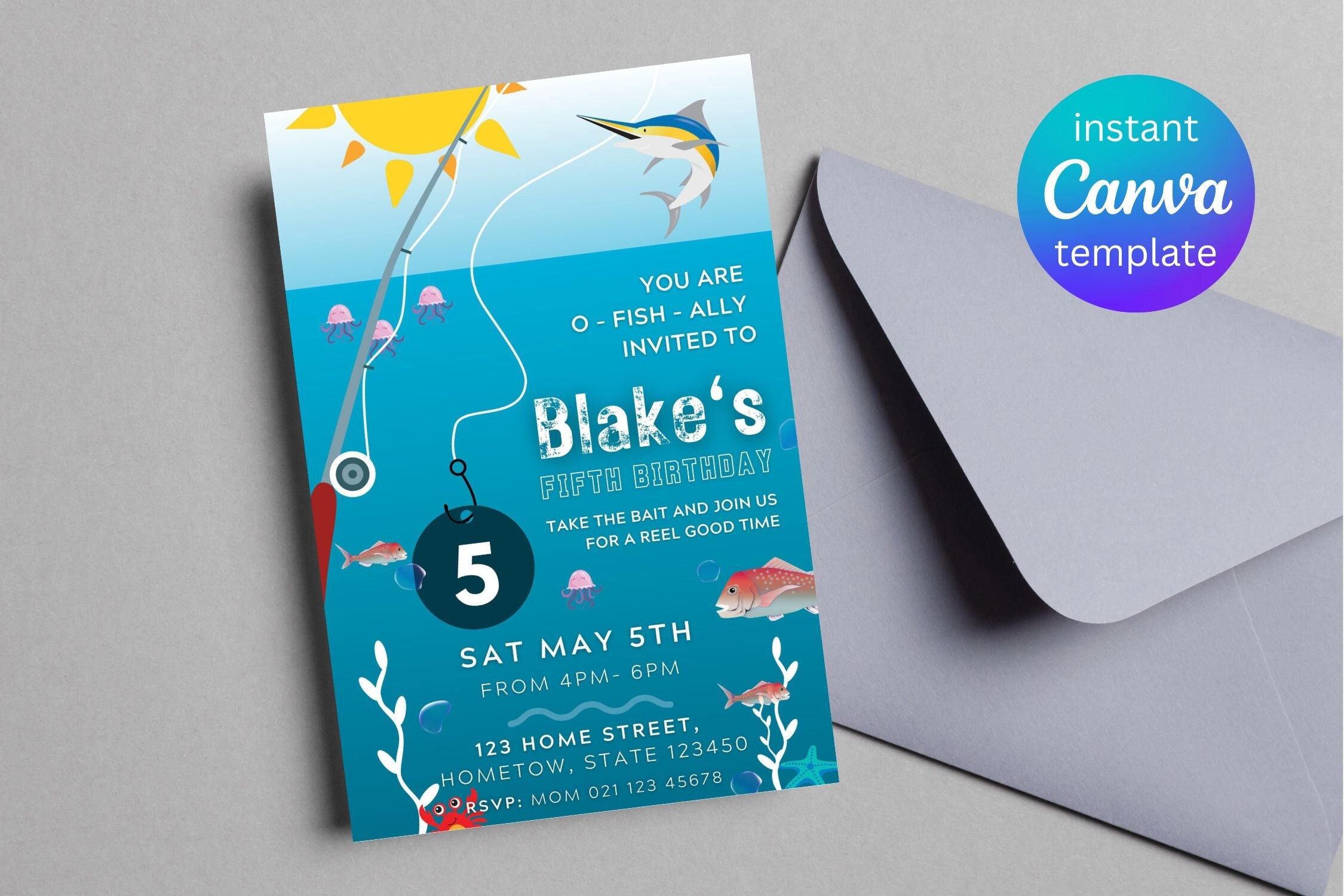 Fishing Invite - DIY Canva Birthday Party Invitation, Digital Download ...